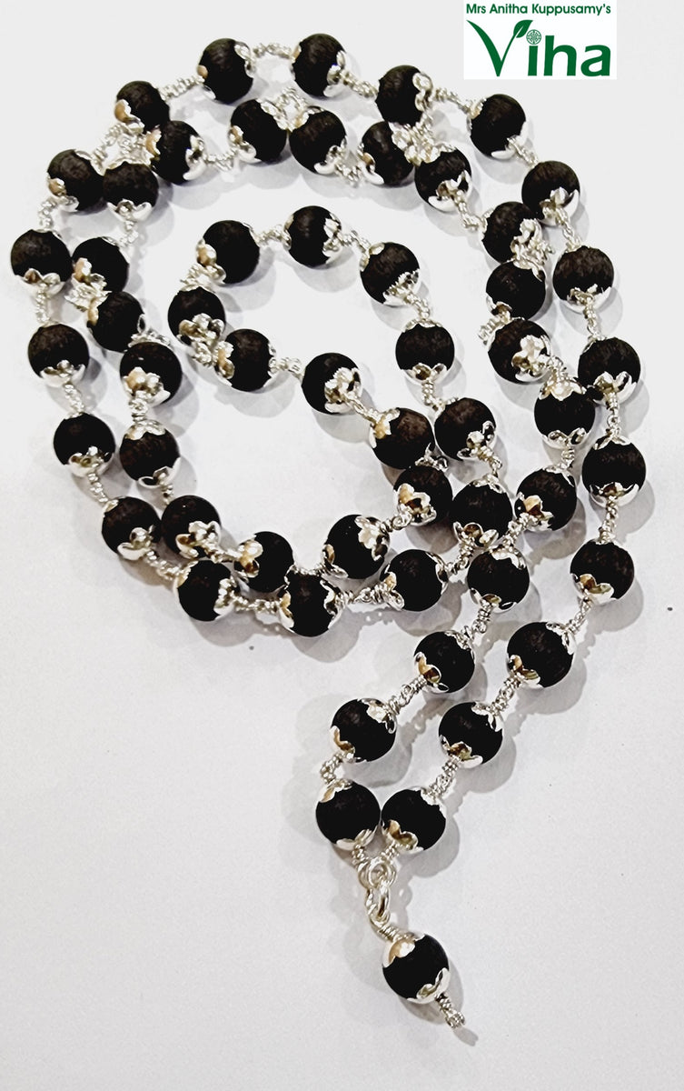 Karungali Silver Mala with Cappings 54+1 Beads - 6mm, 8mm, 10mm, 12mm ...